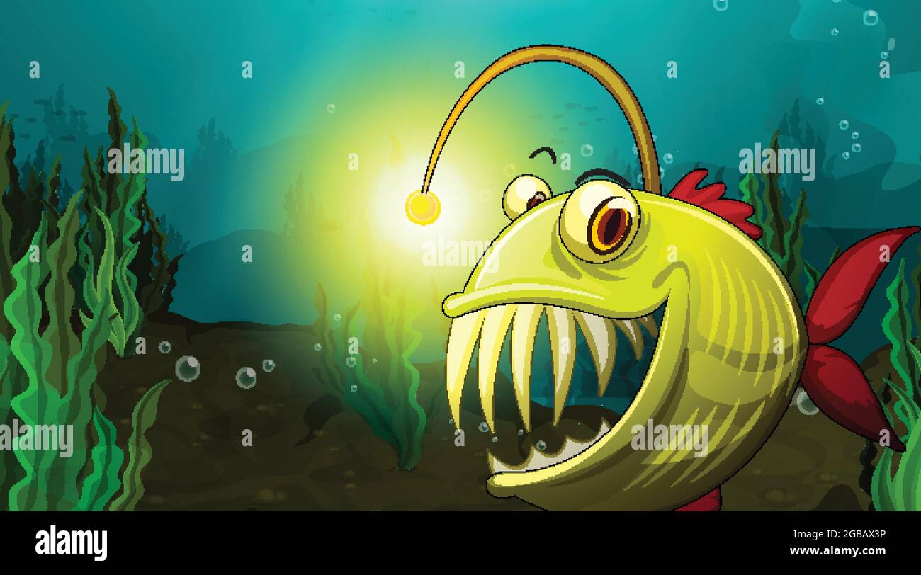 Underwater scene with anglerfish cartoon character illustration Stock ...