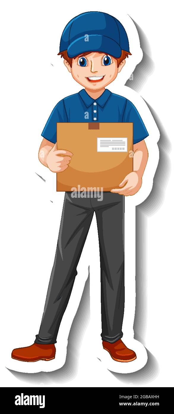 A sticker template with delivery man in uniform holding boxes ...
