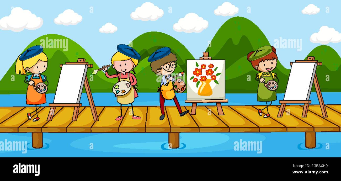 Scene with many artist cartoon character on the bridge crossing river ...