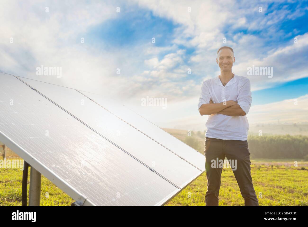 oung engineer is checking an operation of sun and cleanliness of ...