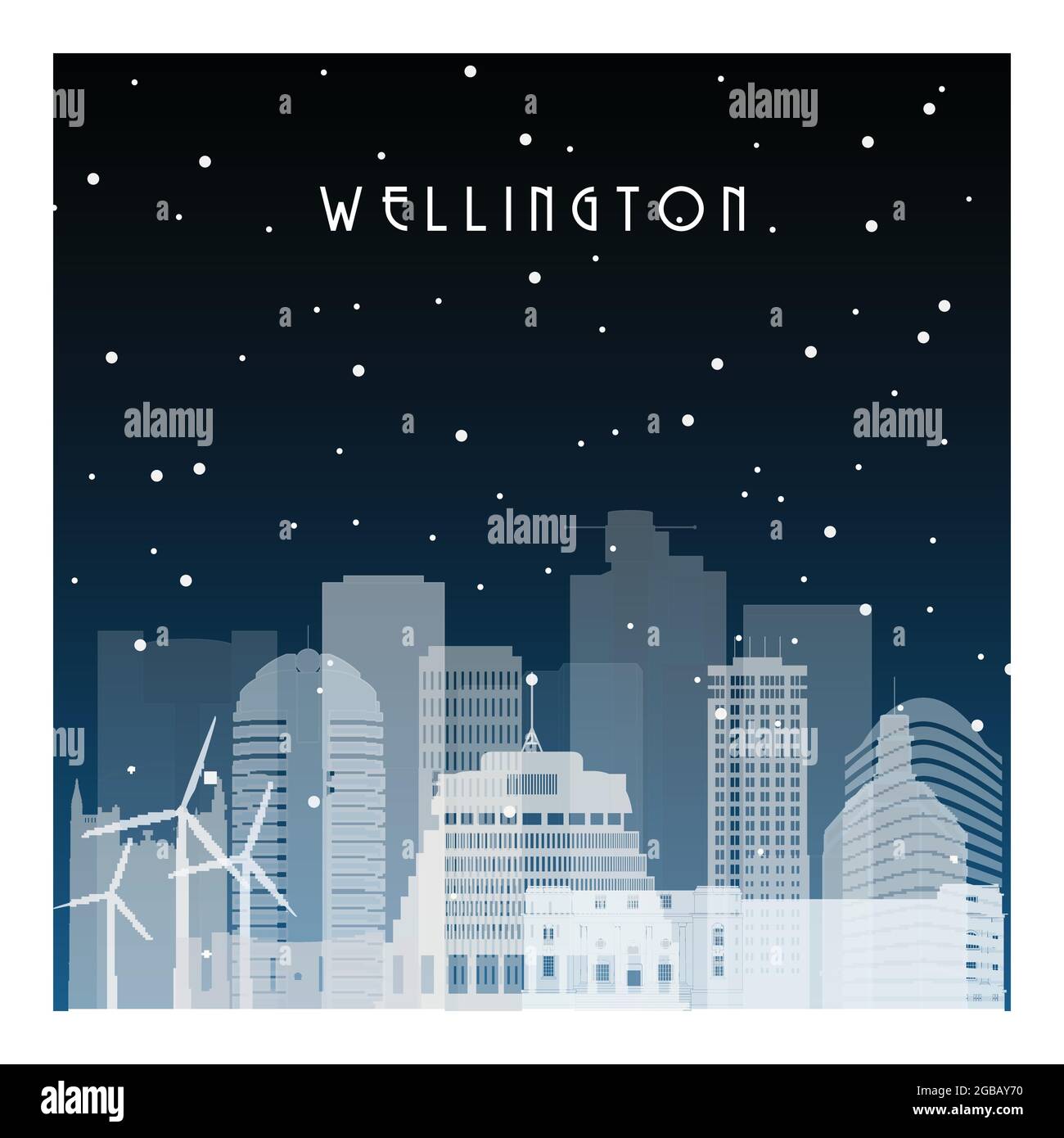 Winter night in Wellington. Night city in flat style for banner, poster ...