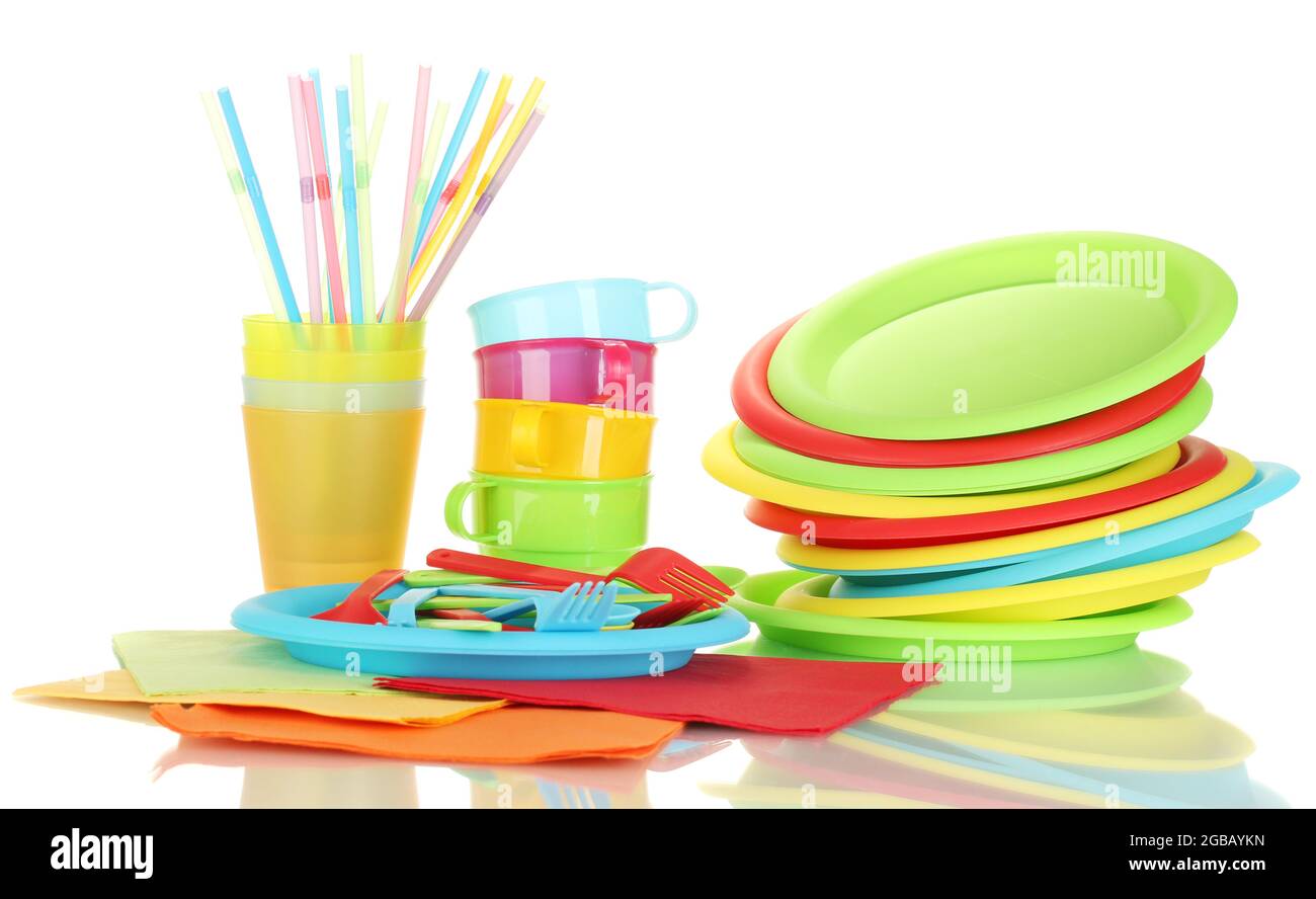bright plastic disposable tableware isolated on white background Stock ...