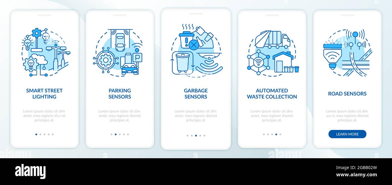 Smart city infrastructure blue onboarding mobile app page screen Stock ...