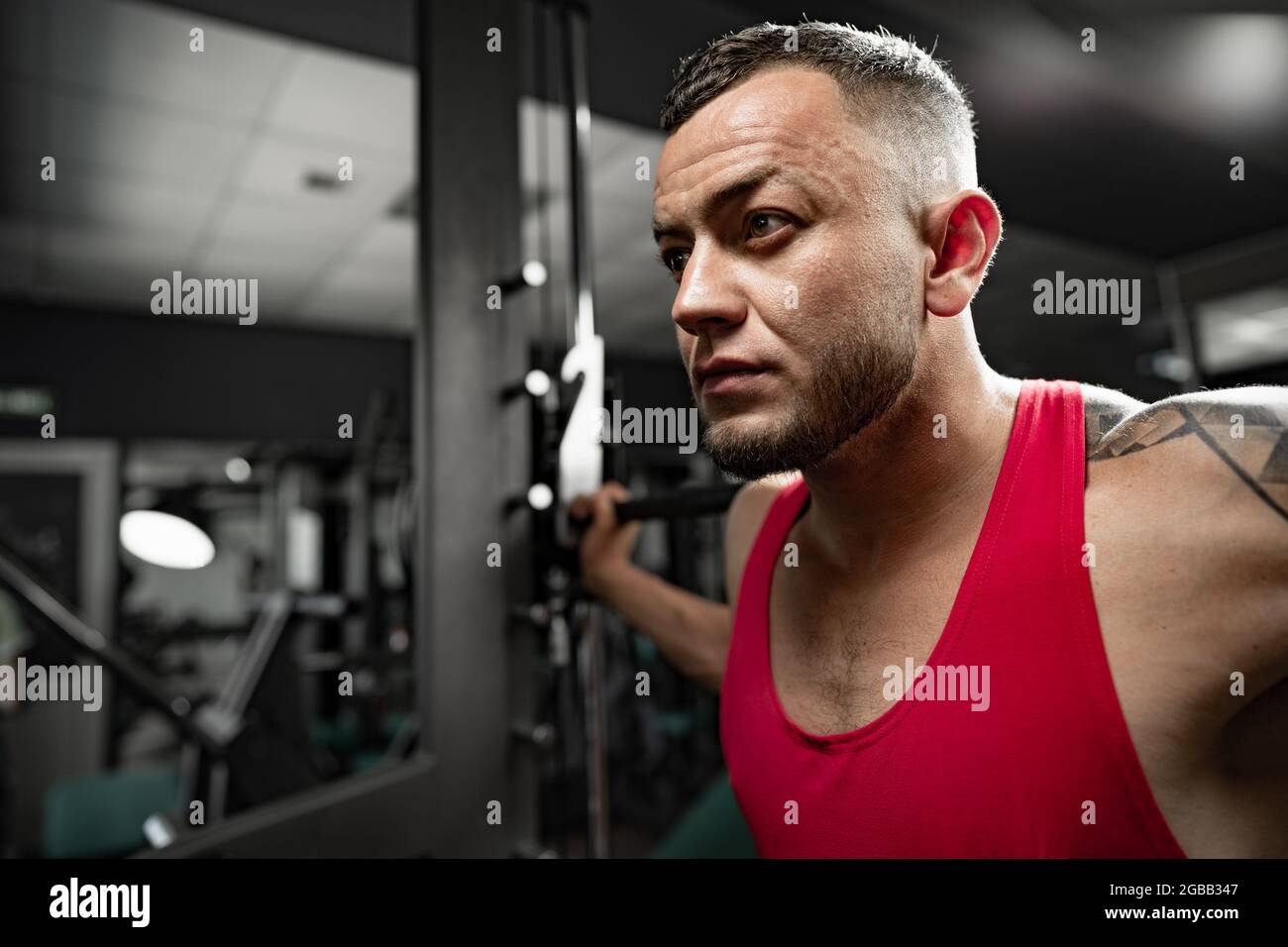 Portrait of man bodybuilder in red shirt in gym Stock Photo - Alamy
