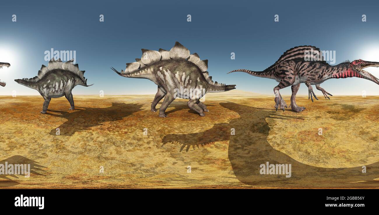 Spherical 360 degrees seamless panorama with the dinosaurs Stegosaurus ...