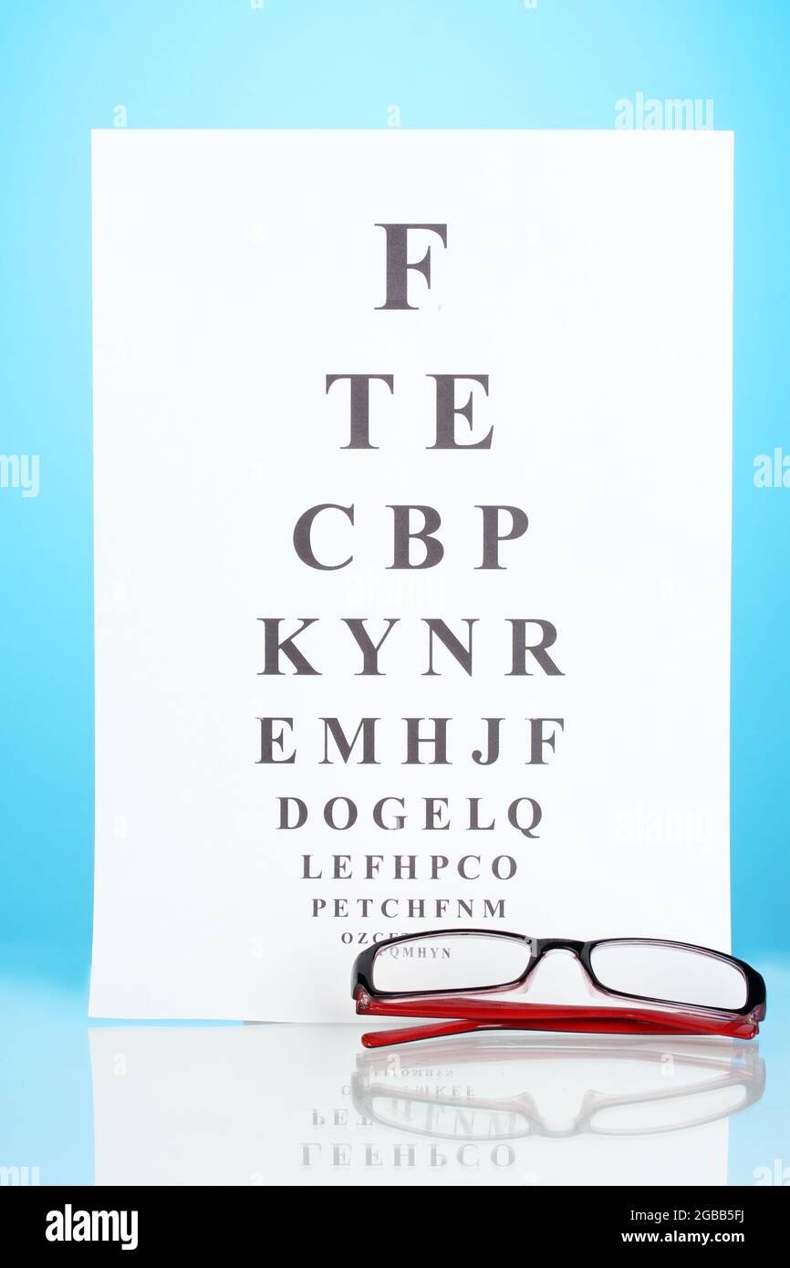 Eyesight test chart with glasses on blue background close-up Stock ...