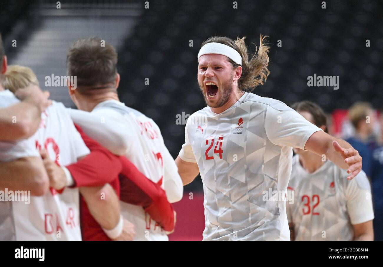 Tokyo. 3rd Aug, 2021. Denmark's Mikkel Hansen (R) celebrates the ...