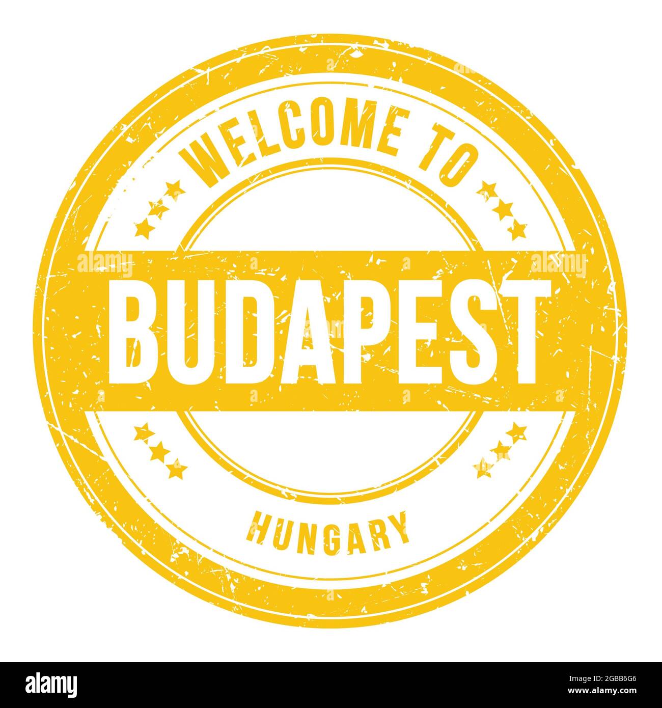 WELCOME TO BUDAPEST - HUNGARY, words written on yellow round coin stamp ...