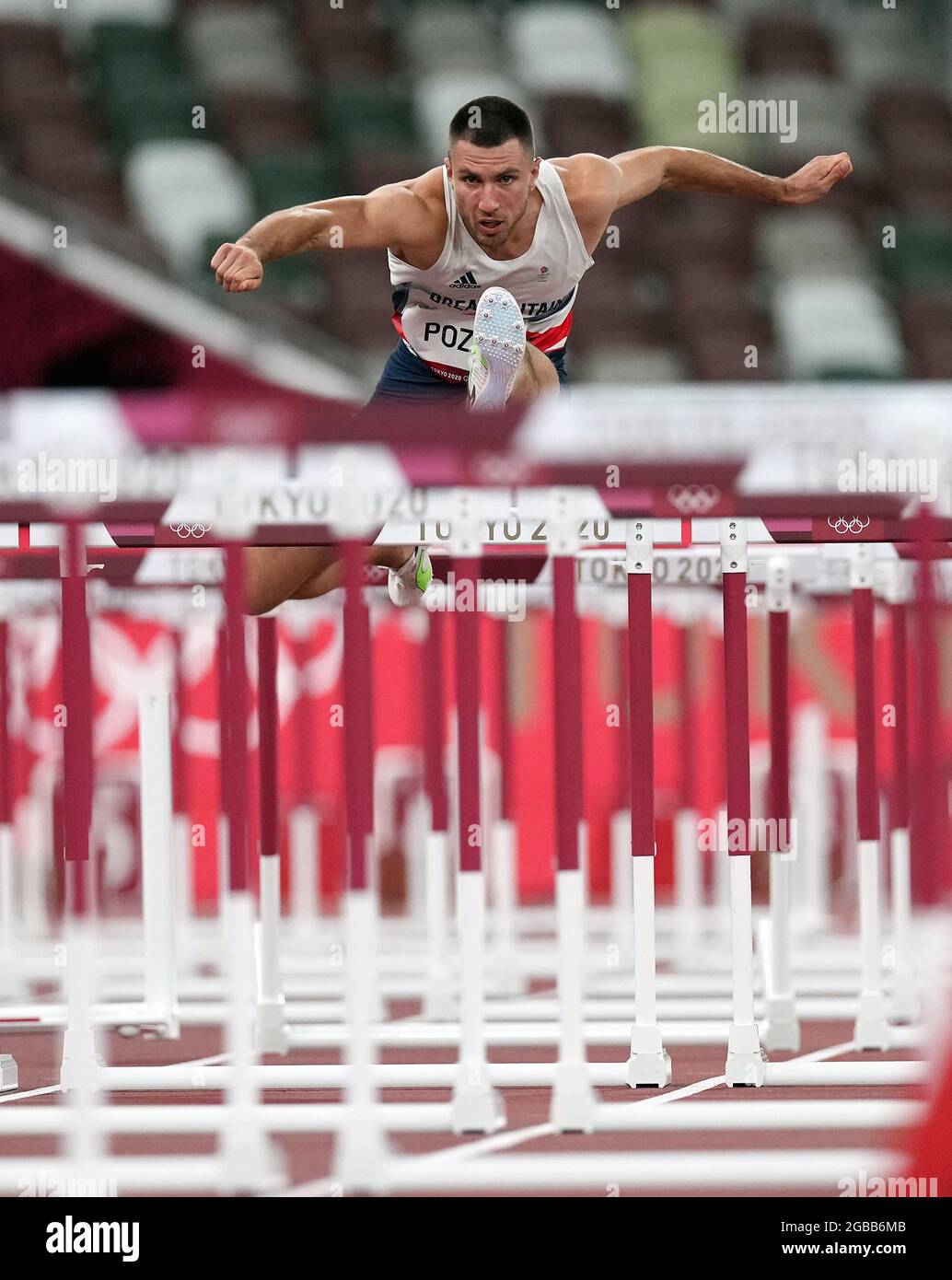 Great Britain's Andrew Pozzi in action in the Men’s 110m Hurdles Round ...