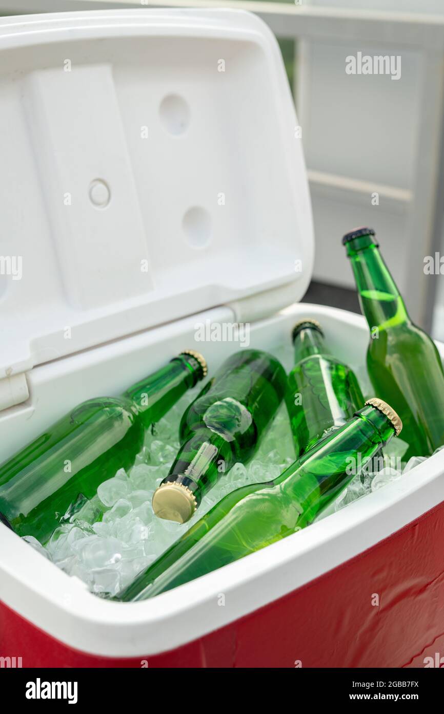 Several green bottles of fresh cold beer in box with ice cubes Stock ...