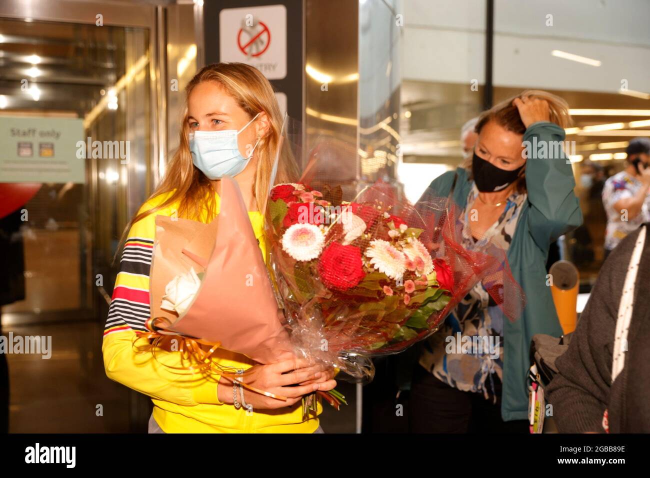 Belgian sailor Emma Plasschaert pictured at the arrival of several ...