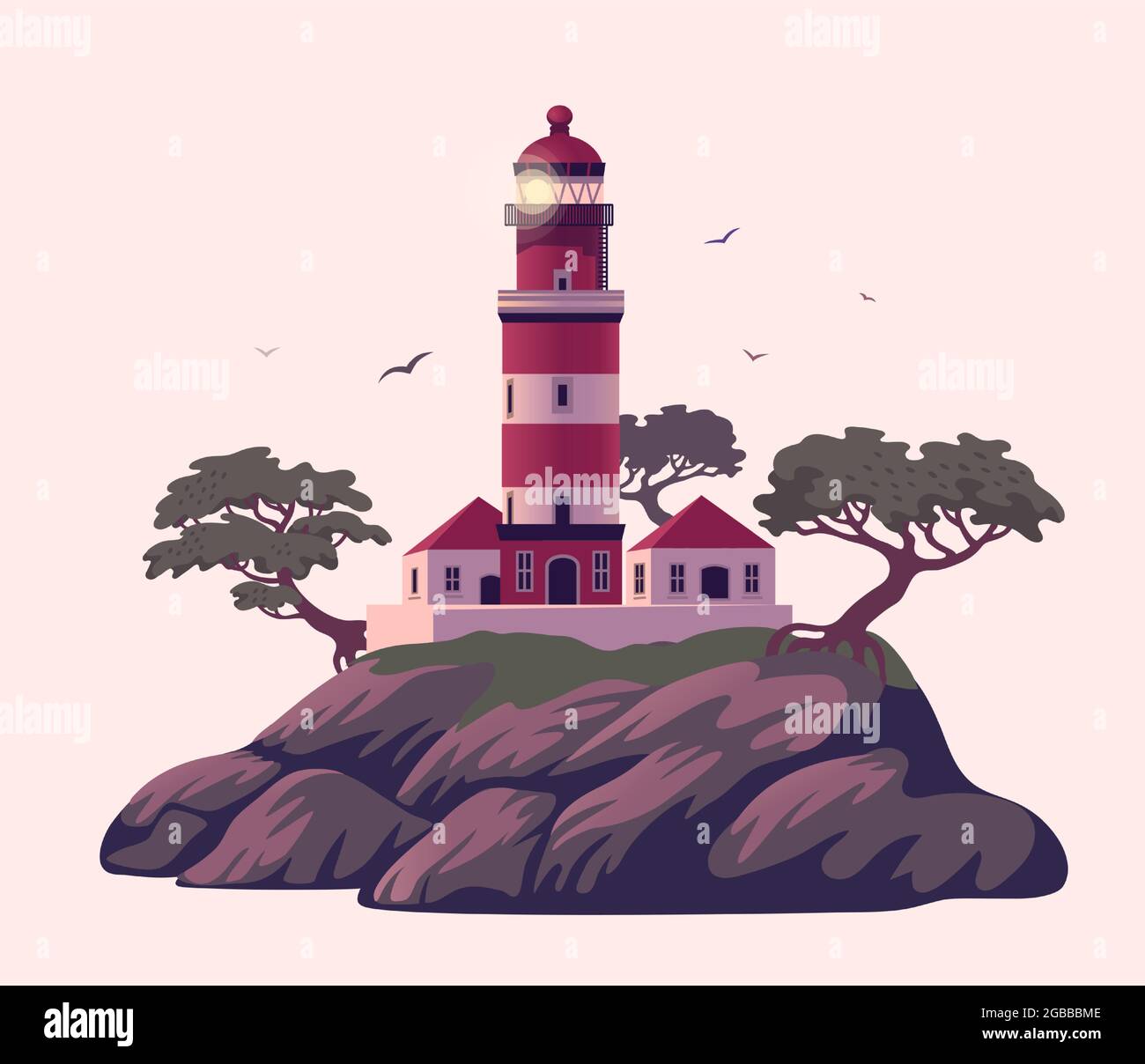 Lighthouse, Beautiful beacon on the cliff with pines. Vector ...