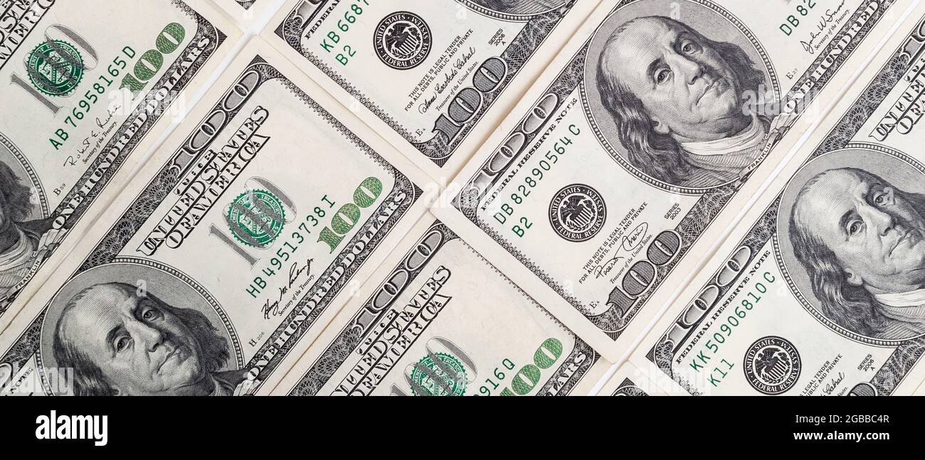 Panorama of Texture US dollars. Background of one hundred dollar bills ...