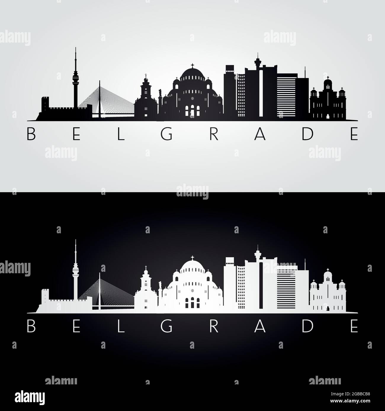 Belgrade skyline and landmarks silhouette, black and white design ...
