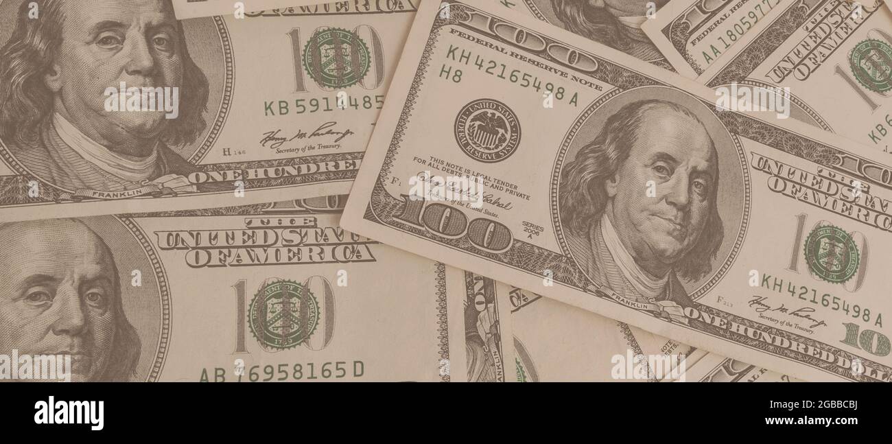 Panorama of Texture US dollars. Background of one hundred dollar bills ...