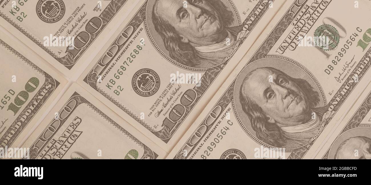 Panorama of Texture US dollars. Background of one hundred dollar bills ...
