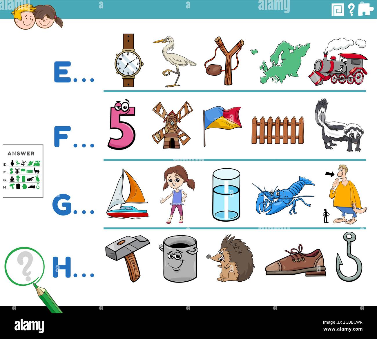 Cartoon illustration of finding pictures starting with referred letter ...