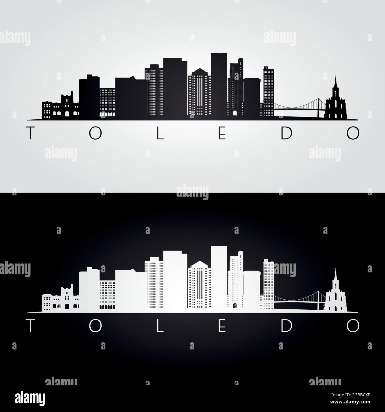 Toledo usa skyline and landmarks silhouette, black and white design ...