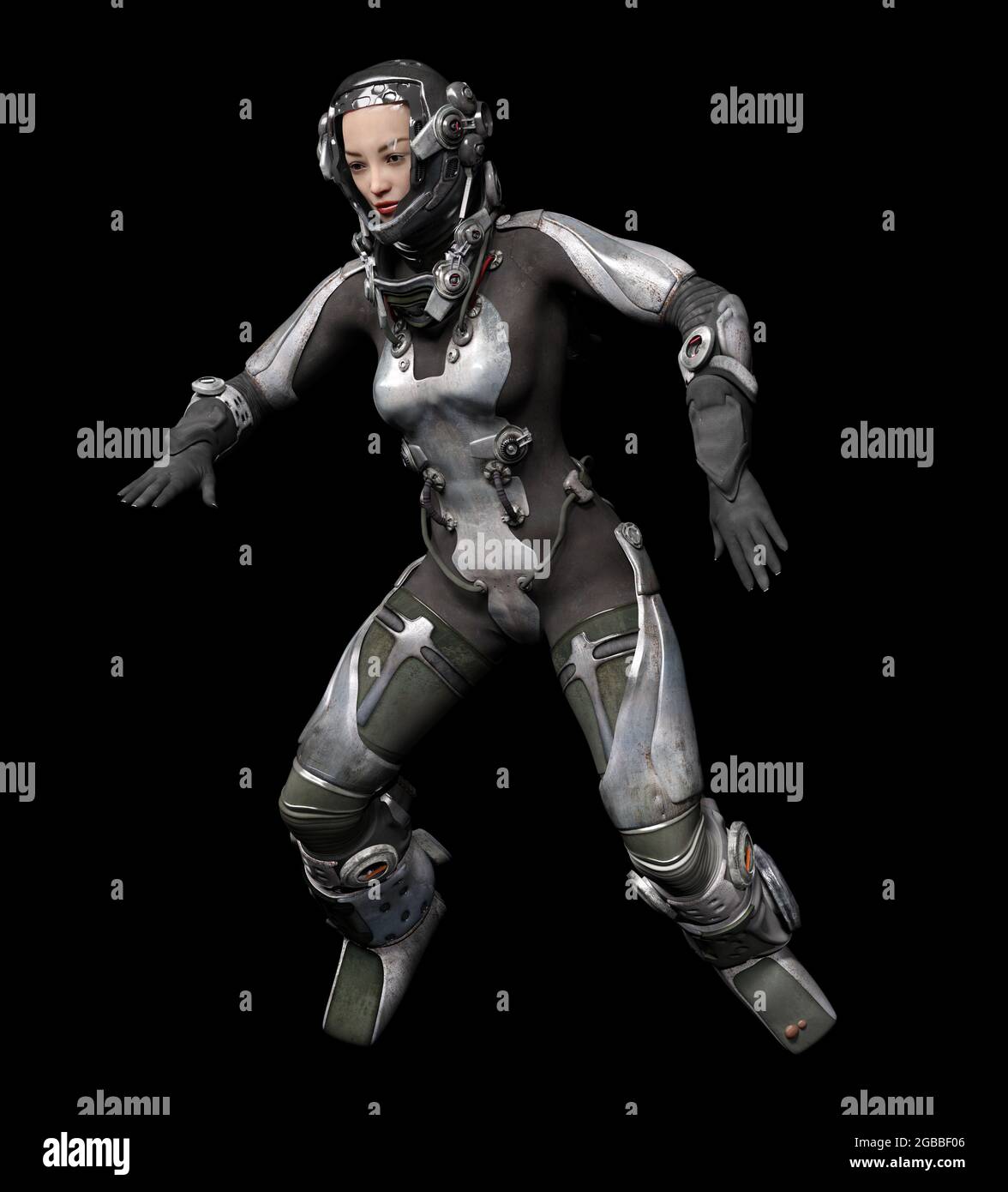 Female astronaut in futuristic outfit floating free in space Stock ...