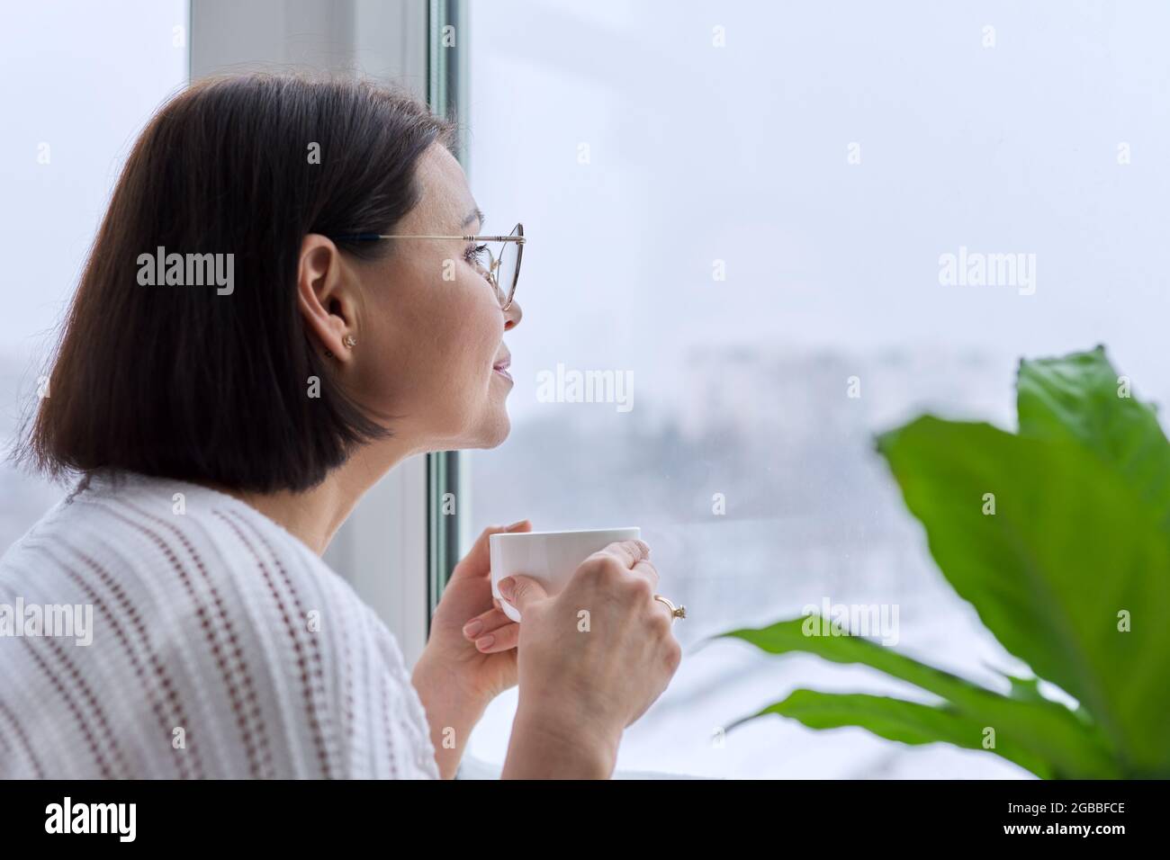Winter season, snow, middle aged woman looking at home window Stock ...