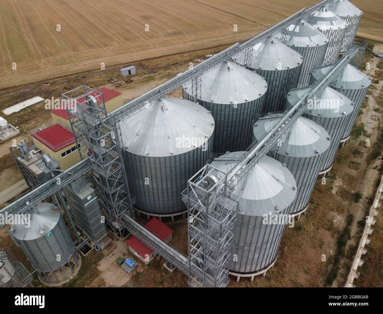 Grain elevator. Metal grain elevator in agricultural zone. Agriculture ...
