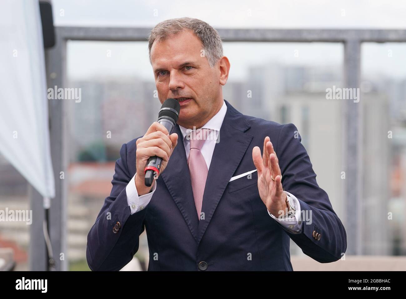 03 August 2021, Berlin: DEHOGA President Christian Andresen speaks at ...