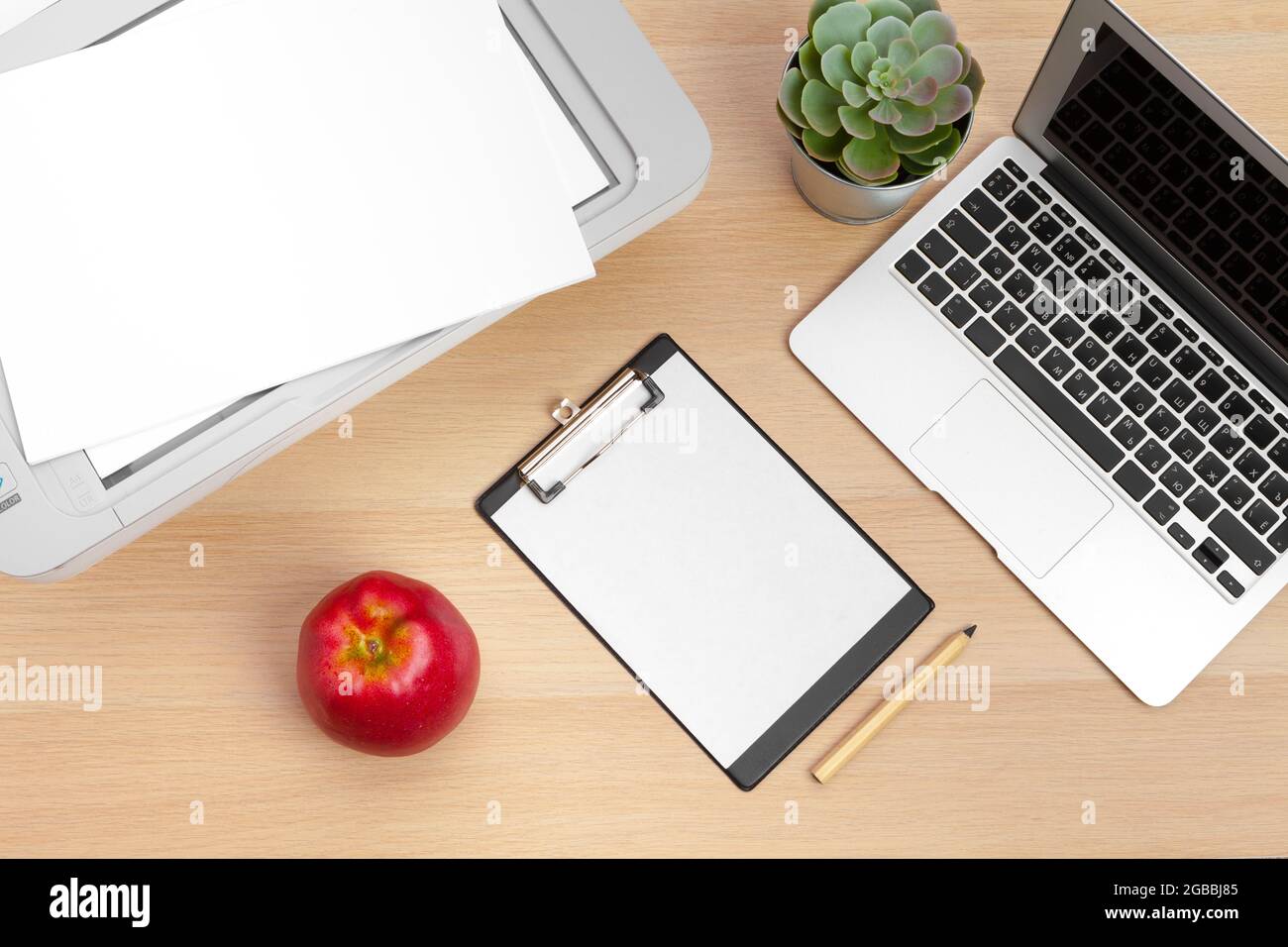Printer and computer. Office table. Top view Stock Photo - Alamy