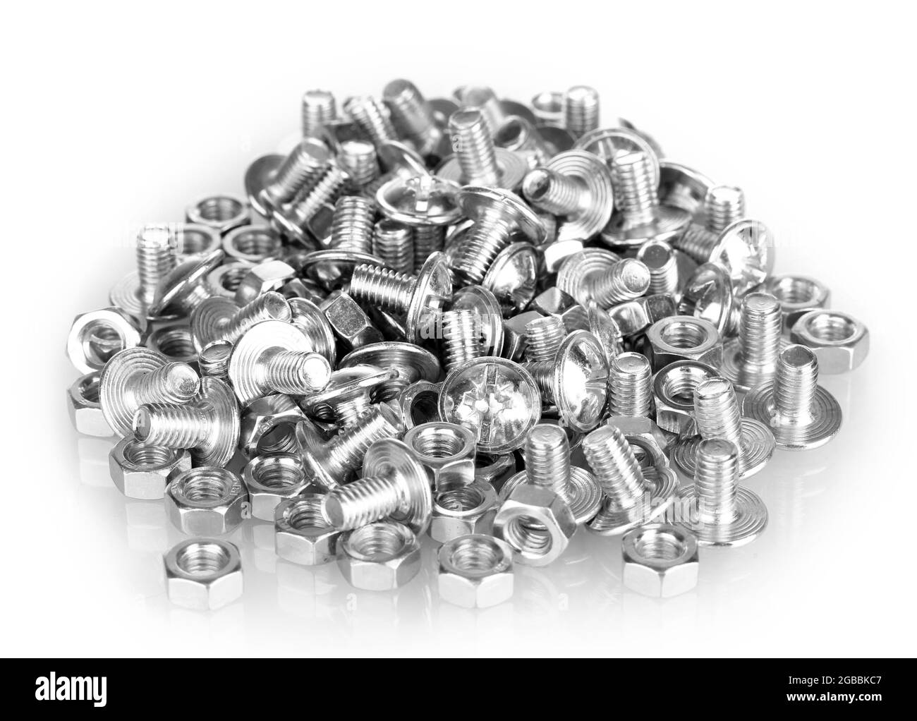 Chrome nuts and bolts on white background close-up Stock Photo - Alamy