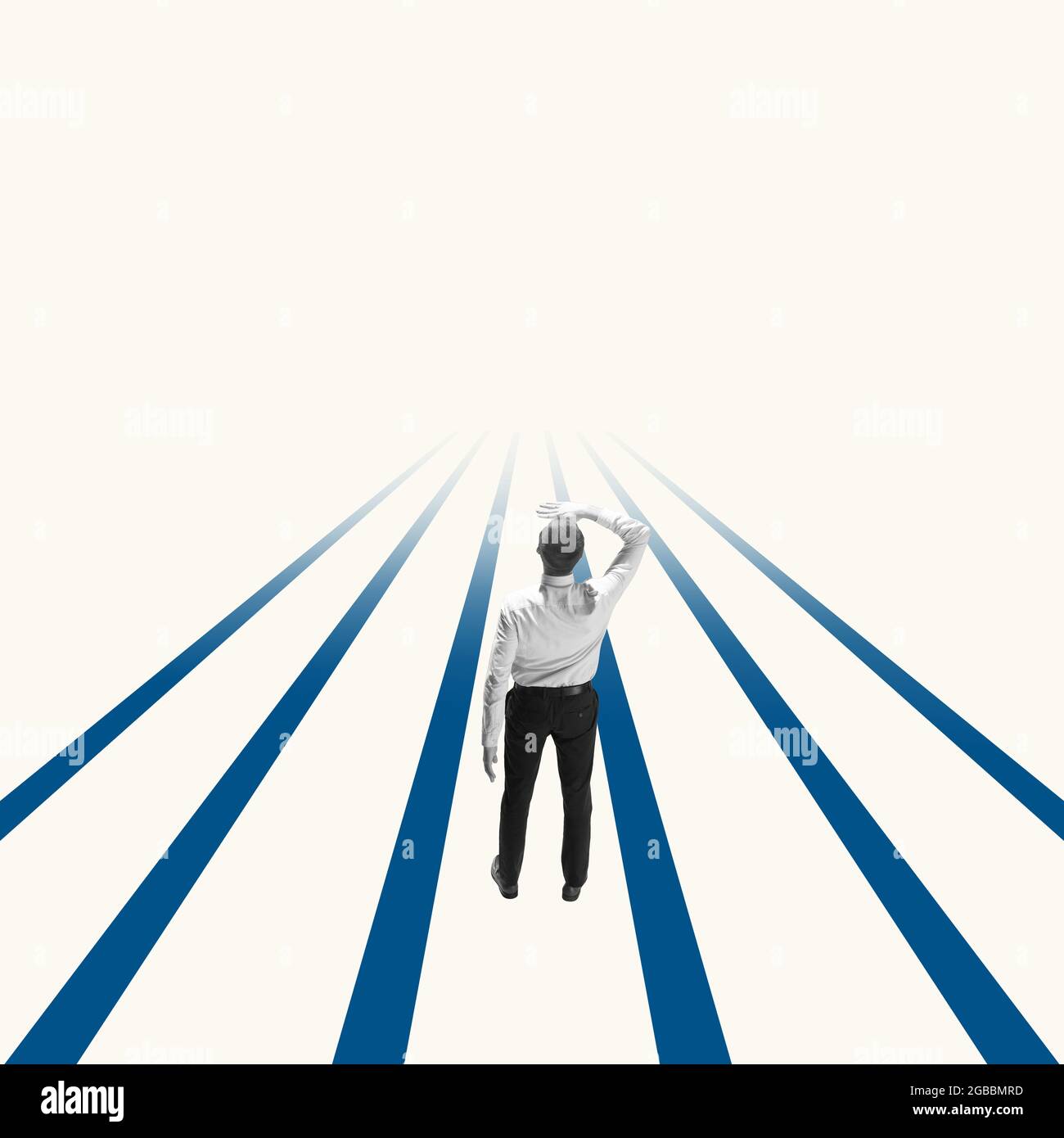 Successful businessman standing on blue lines, way or path to success ...