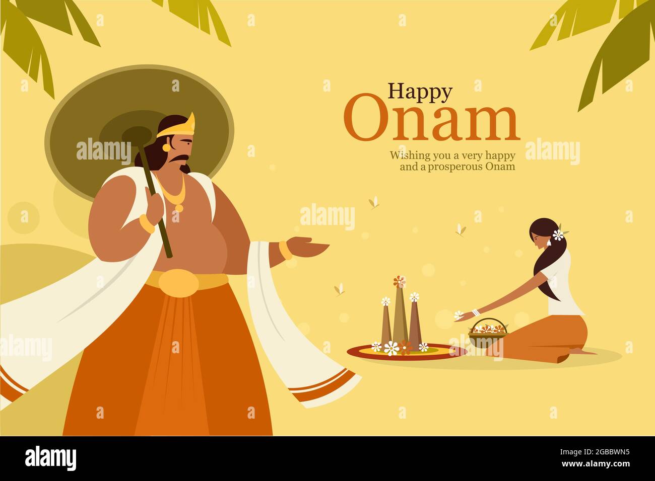 Onam festival greeting background with King Mahabali and a girl doing ...