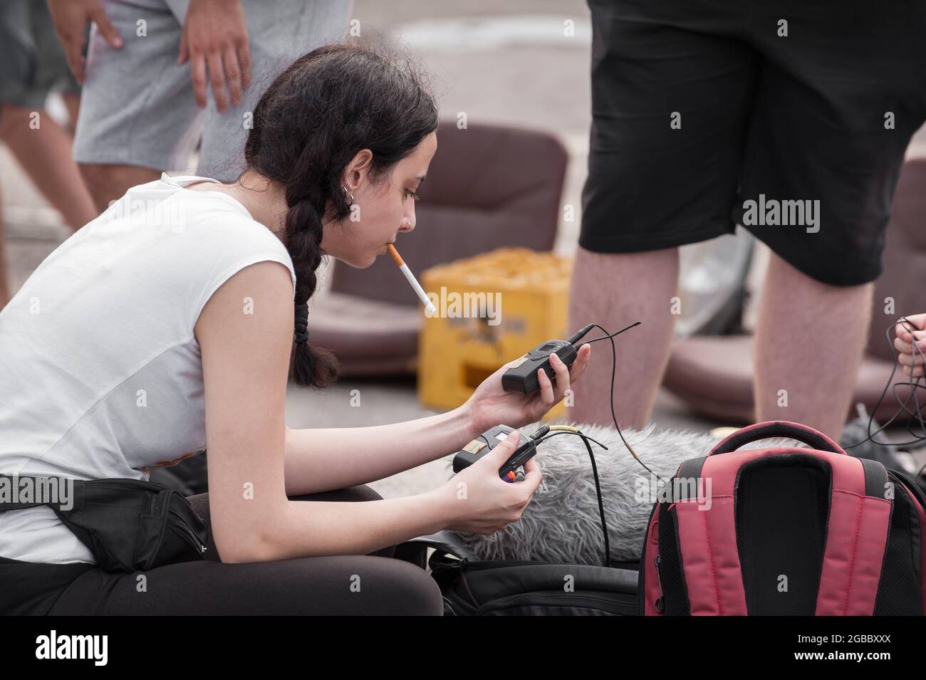 Behind the scene. Sound recording film crew team on movie set. Group of ...