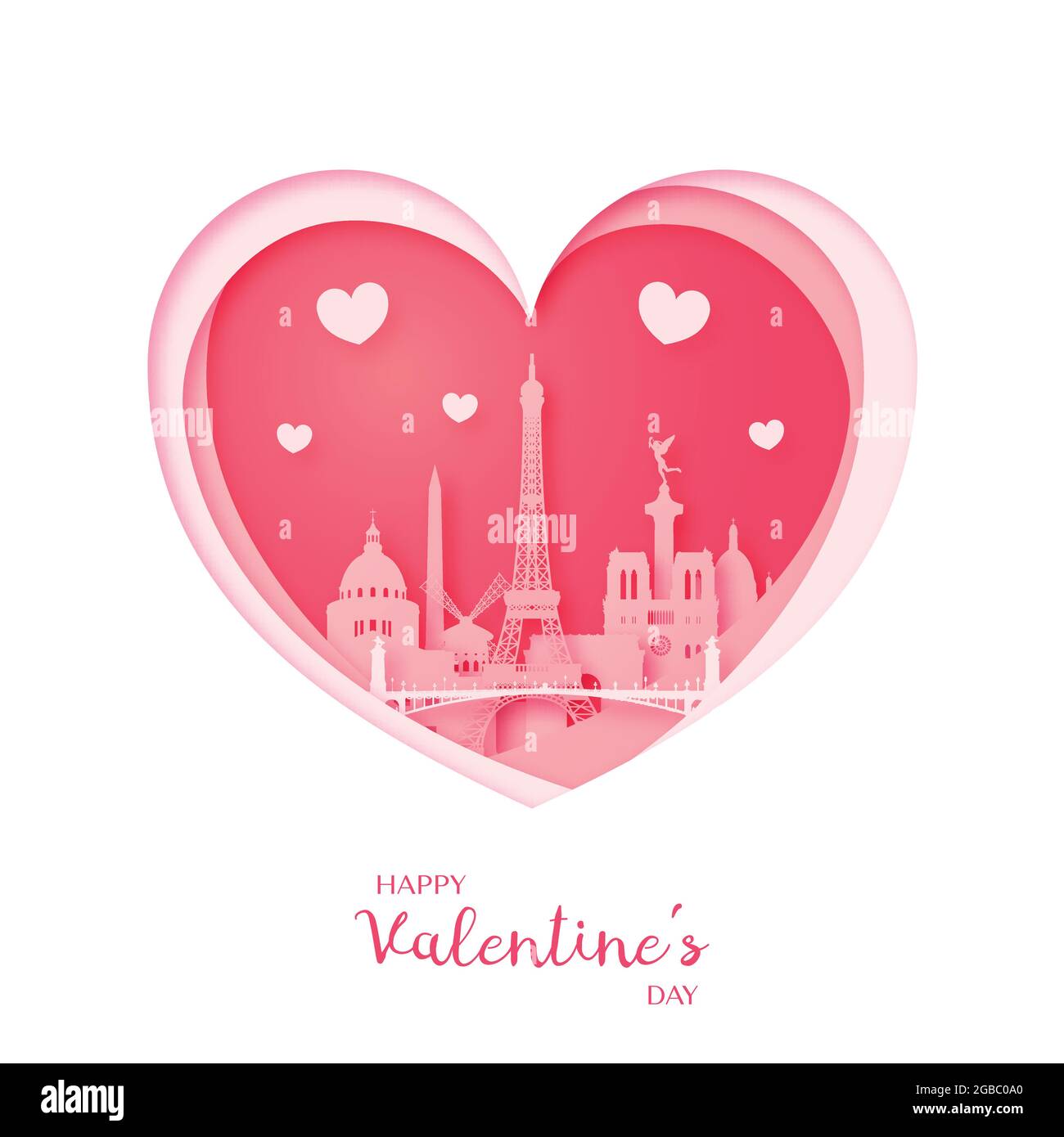 Valentines card. Paper cut heart and city of Paris. Happy Valentine day ...
