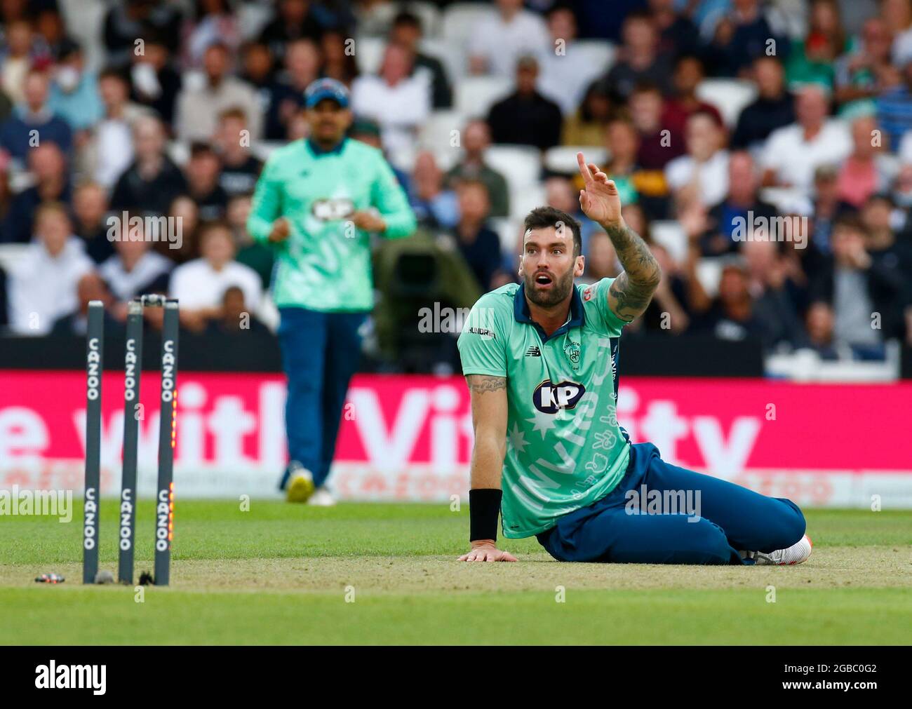 LONDON, ENGLAND - AUGUST 02: Reece Topley of Oval Invincibles run out ...