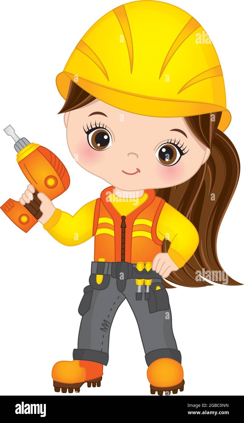 Cute Little Girl Holding Drill. Vector Little Builder Stock Vector ...