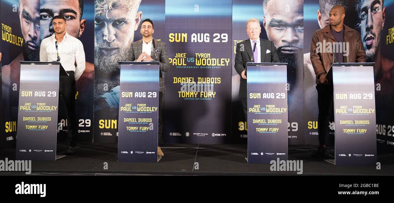Promoter Frank Warren (centre right), alongside Tommy Fury (left), Dev ...