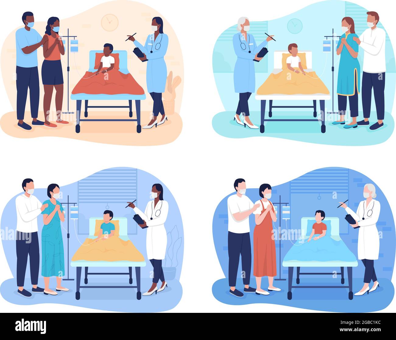 Providing sick children with medical care 2D vector isolated illustrations set Stock Vector ...