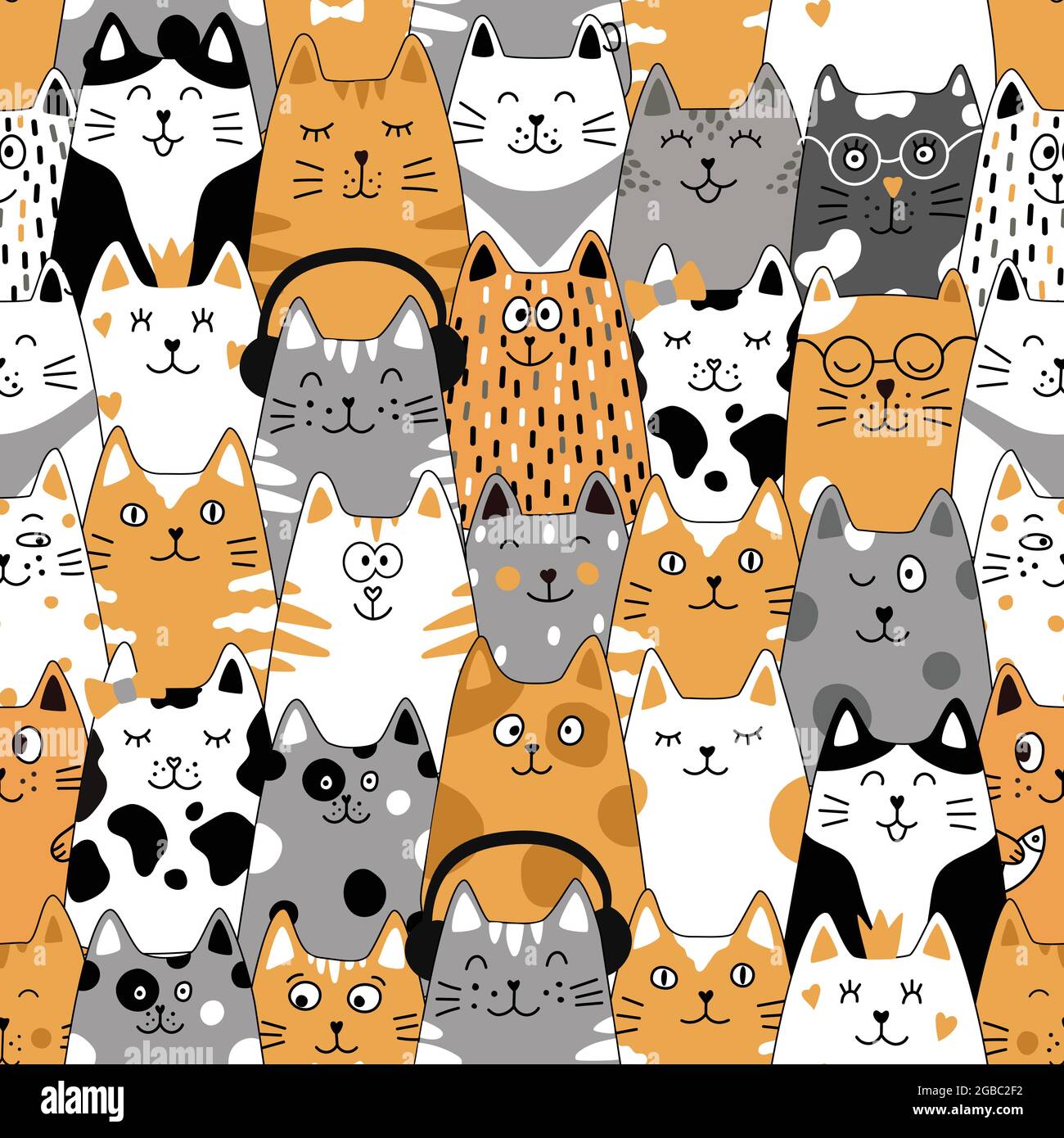 Seamless pattern with funny cats, cat food and fish on a white ...