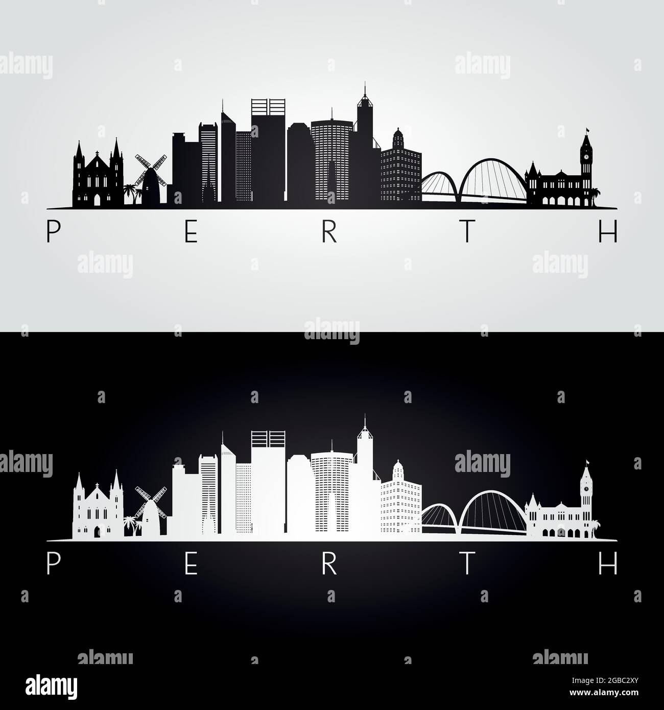 Perth skyline and landmarks silhouette, black and white design, vector ...