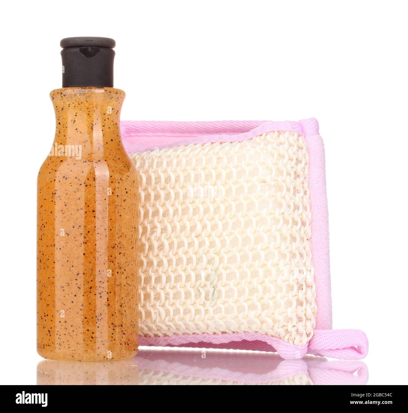 Bottle with scrub and sponge isolated on white Stock Photo - Alamy