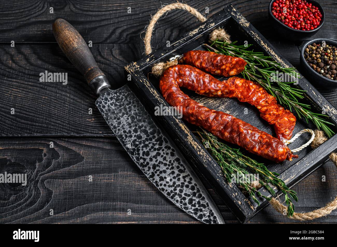 Sliced chorizo salami, Spanish traditional chorizo sausage. Black ...