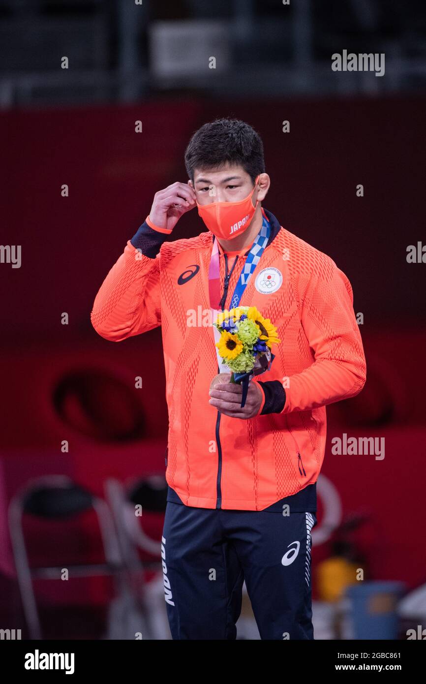 Shohei Yabiku Jpn August 3 2021 Wrestling Mens Greco Roman 77kg Medal Ceremony During