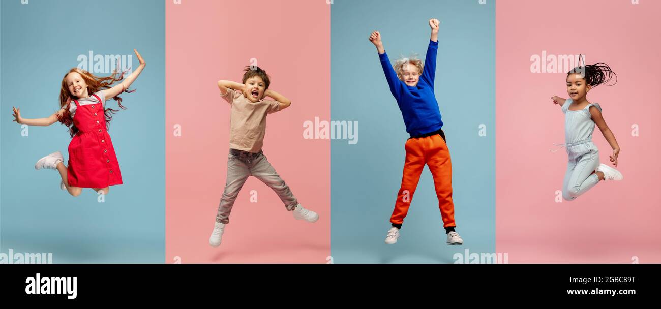 Art collage made of portraits of little and happy kids isolated on ...