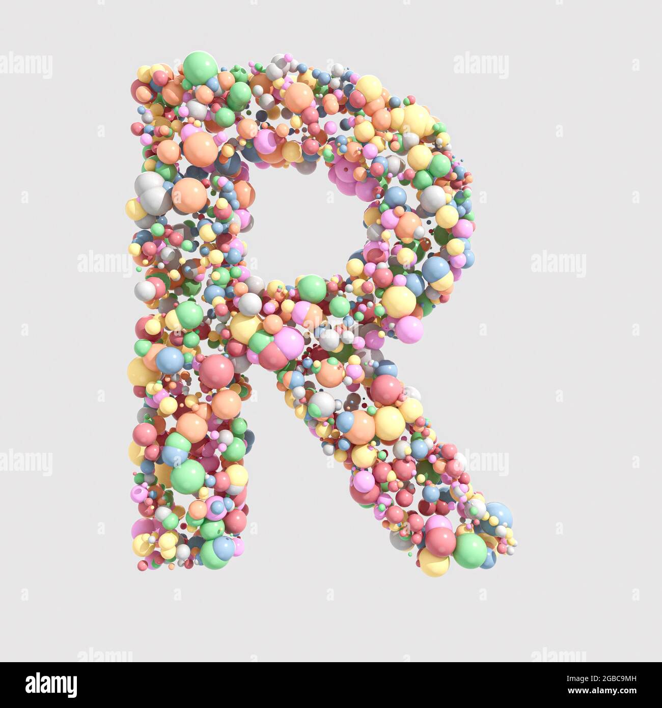 A concept letter R made up of a collection of round pastel colorful ...