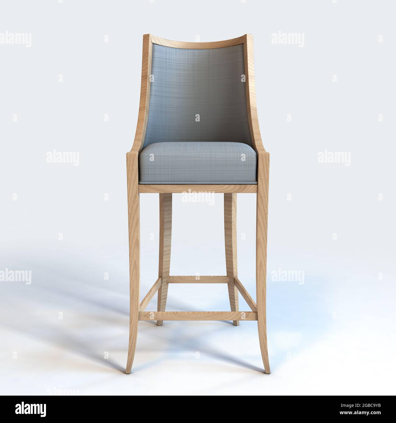 A modern wood and grey cushioned french bar stool on an isolated white ...