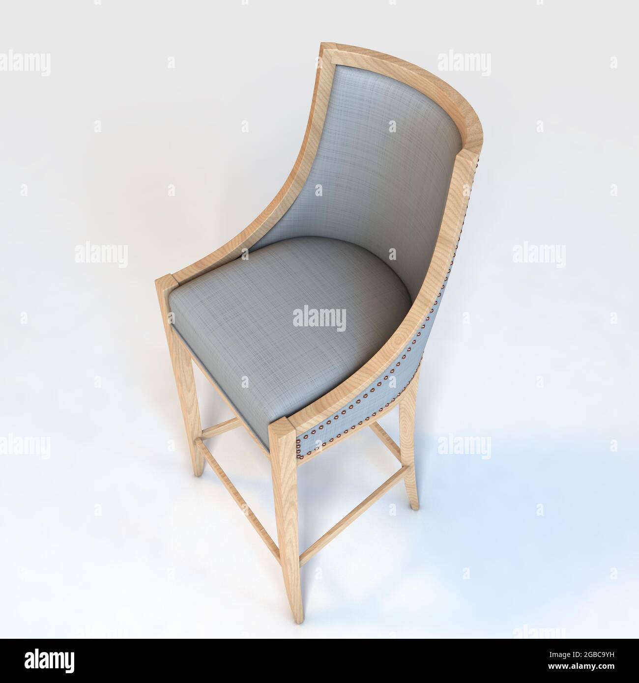 A modern wood and grey cushioned french bar stool on an isolated white ...