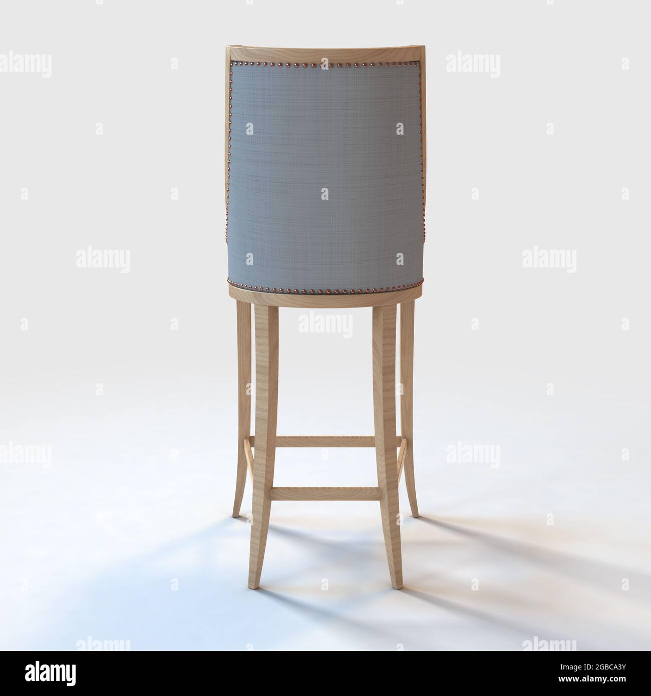 A modern wood and grey cushioned french bar stool on an isolated white ...