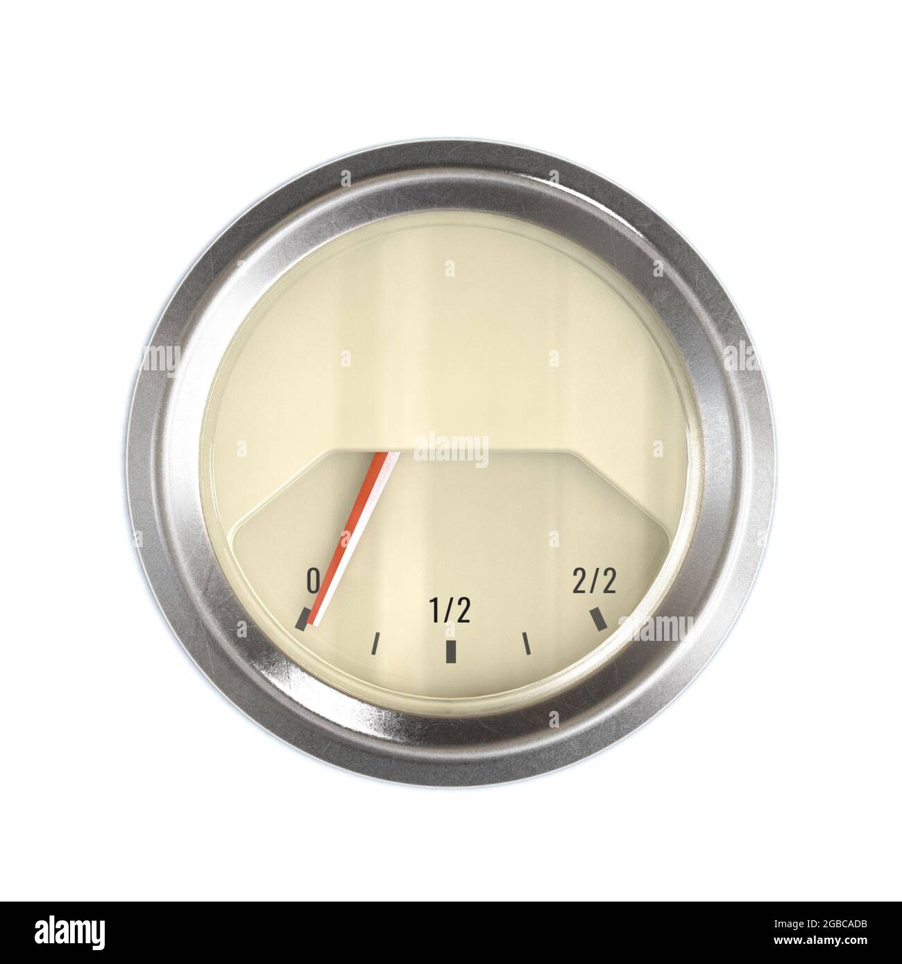 A chrome gas gauge with the needle indicating empty tank on an isolated ...