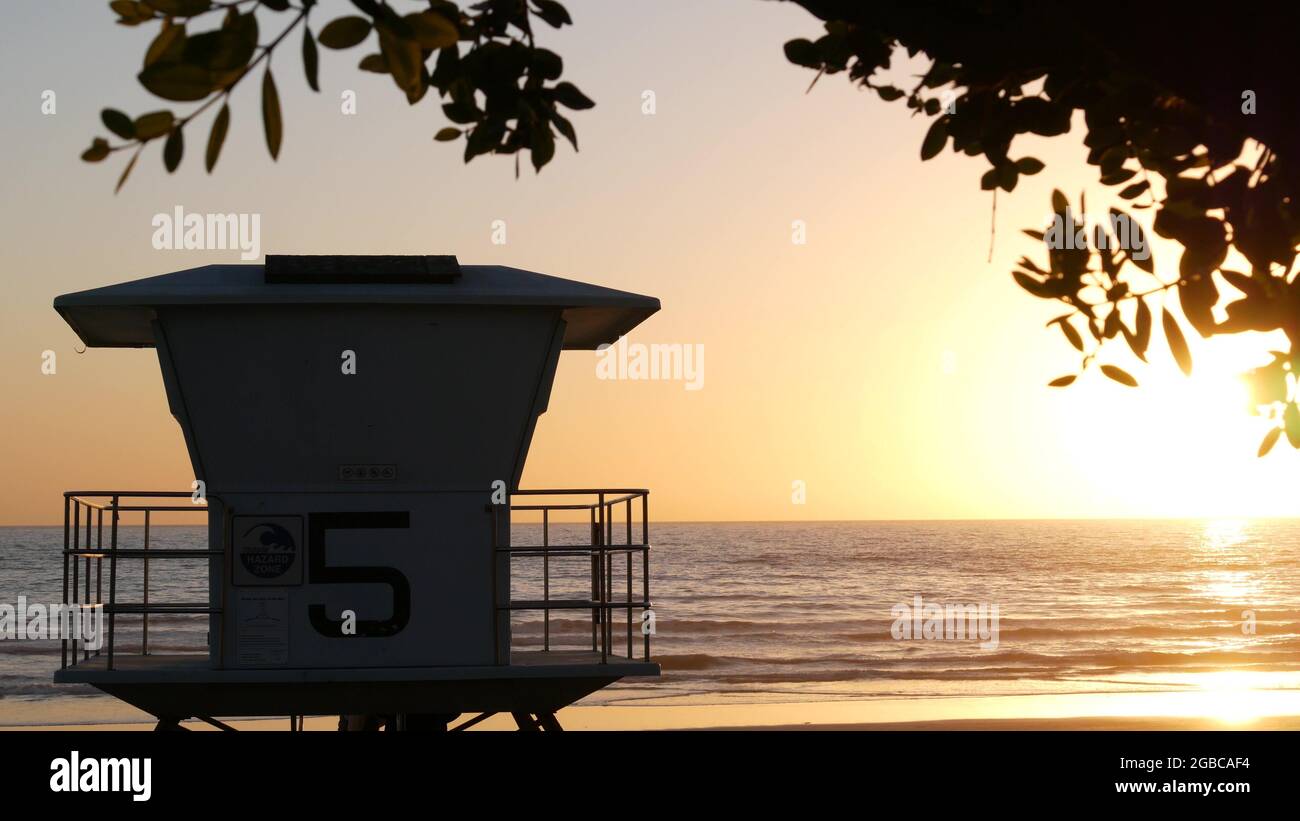 Lifeguard watch tower, sunny sunset beach, Oceanside USA. Rescue ...