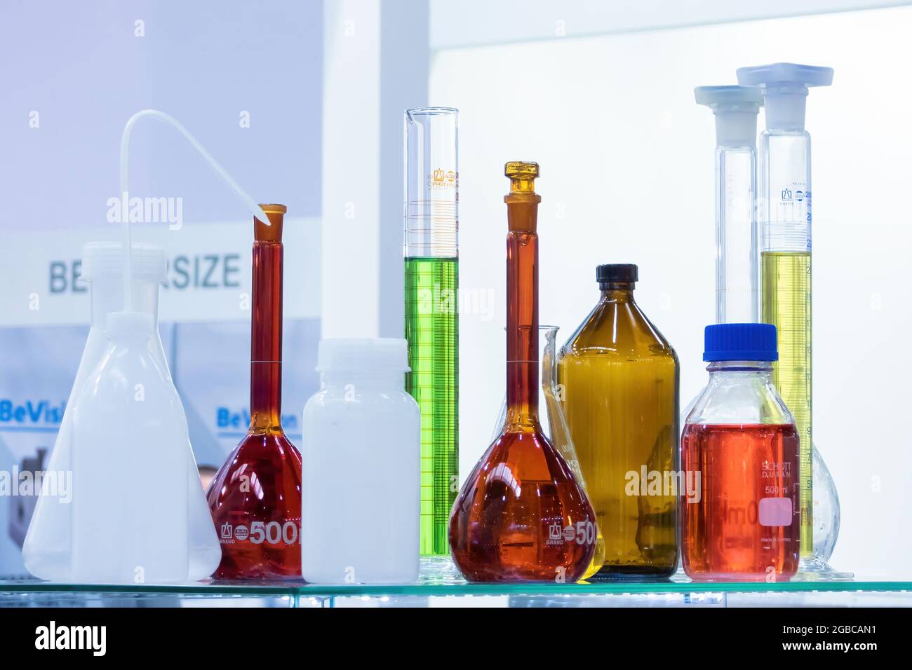 Samples of laboratory glassware on the Exhibition of lab equipment ...