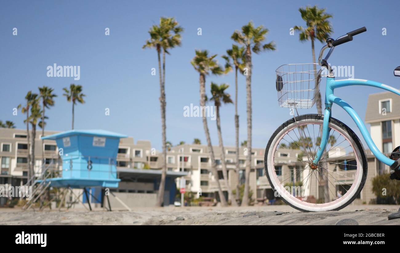 Blue bicycle, cruiser bike by ocean beach, pacific coast, Oceanside ...